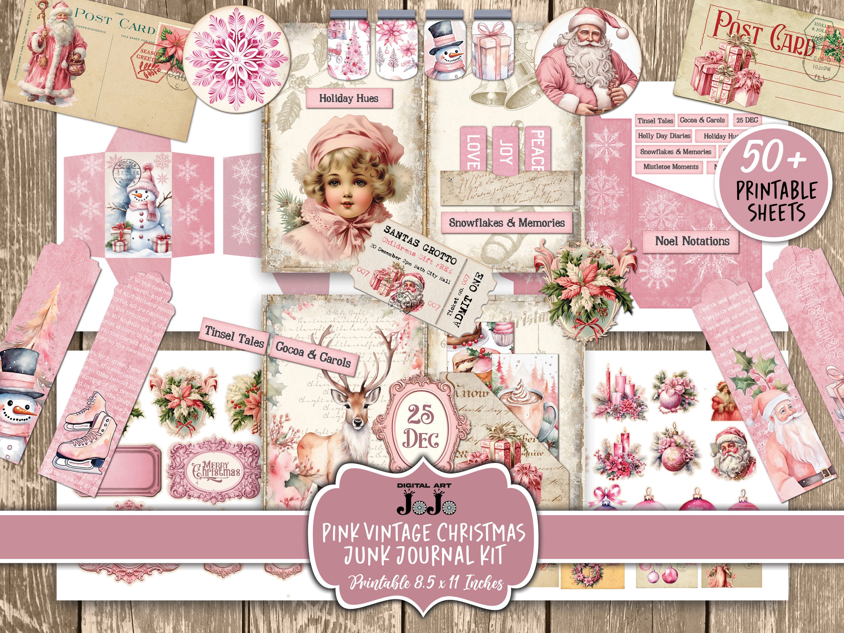 Pastel Pink Christmas Junk Journal Kit, Digital Printable Pages, Xmas ...