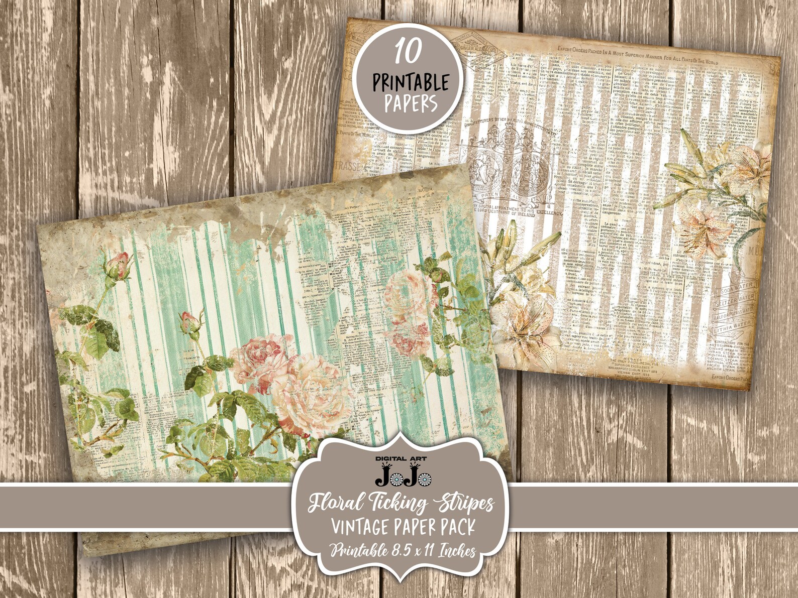 Shabby Ticking Stripes Papers, Printable Junk Journal Ephemera, Chic ...