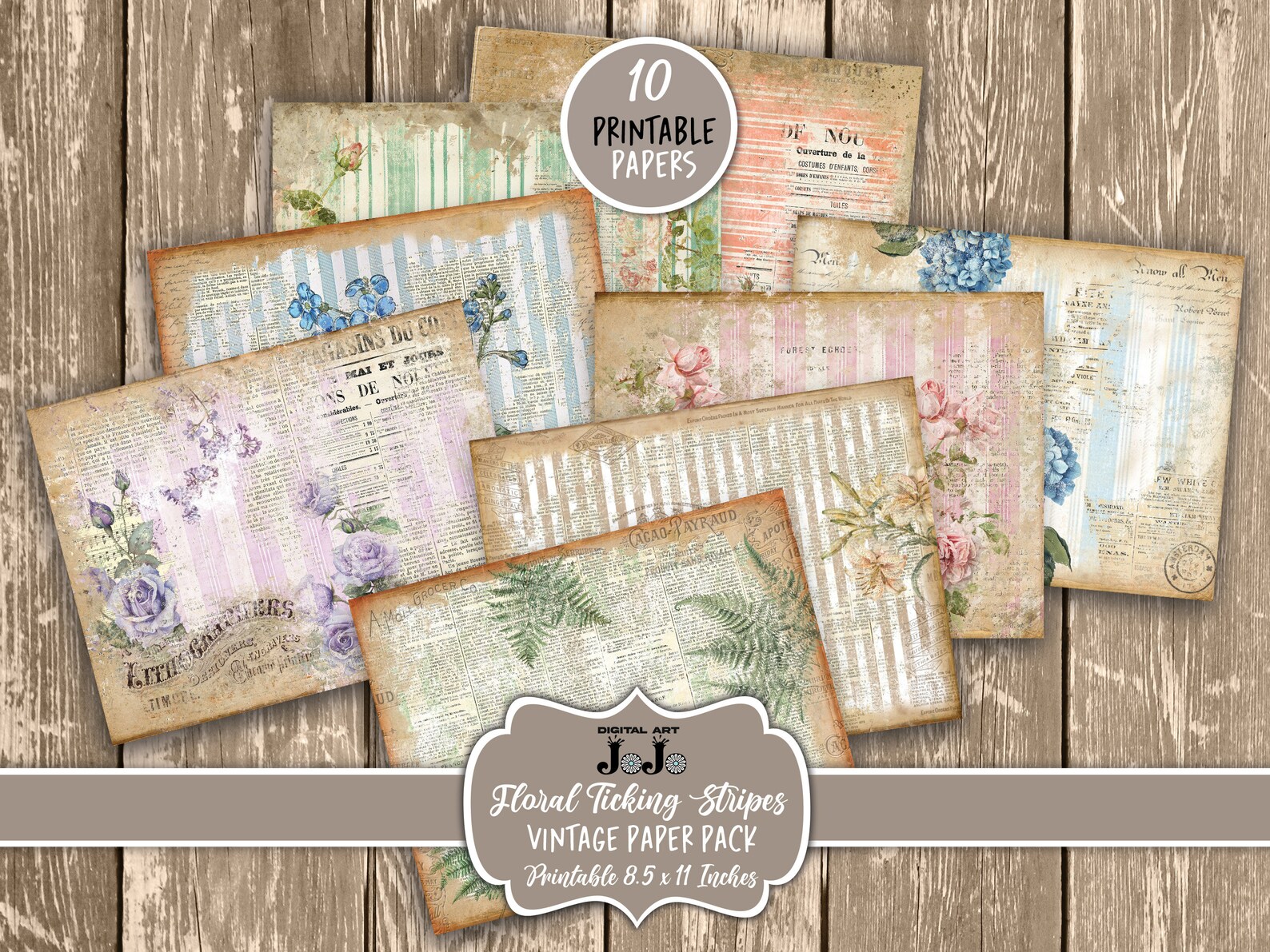 Shabby Ticking Stripes Papers, Printable Junk Journal Ephemera, Chic ...