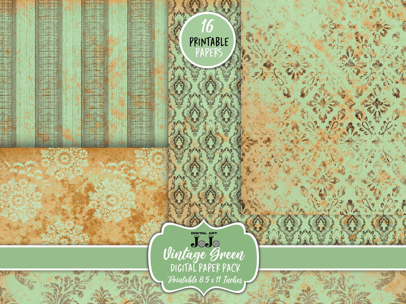 Green Shabby Chic Junk Journal Papers Set, Vintage Printable Pages Pack ...