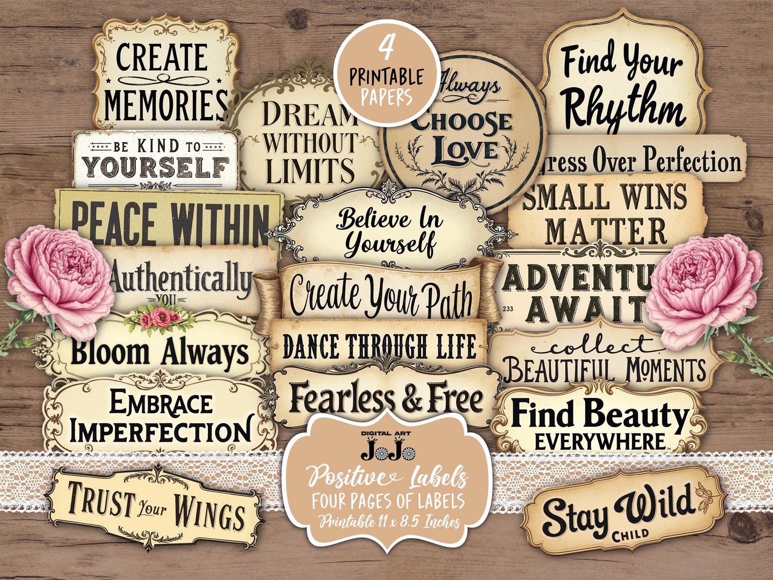Positive Inspiration Word Labels Printable, Grungy Vintage Text ...