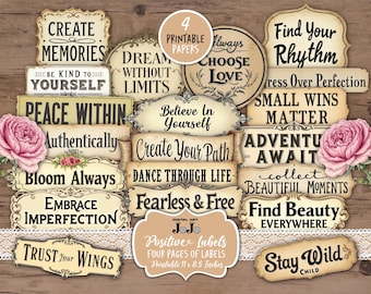 Positive Inspiration Word Labels Printable, Grungy Vintage Text ...