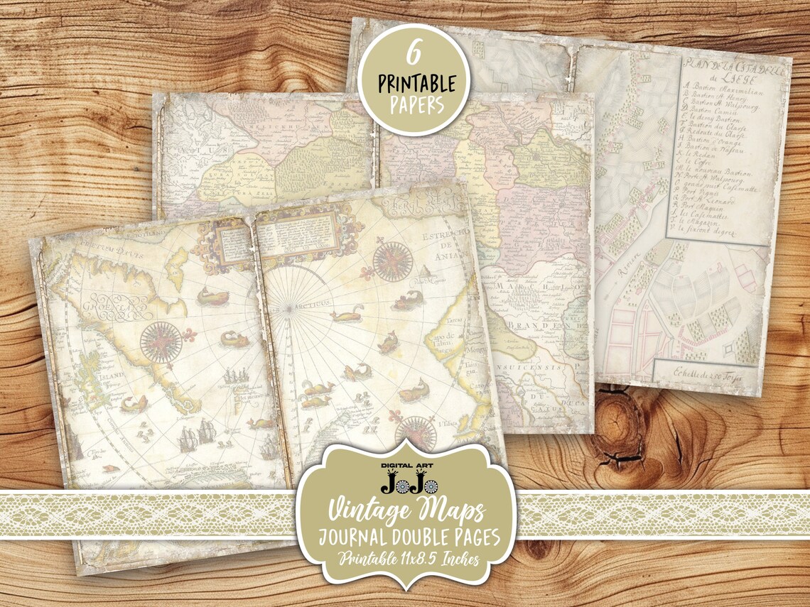 Maps Neutral Junk Journal Paper Kit, Travel Cream Scrapbook Page Set ...