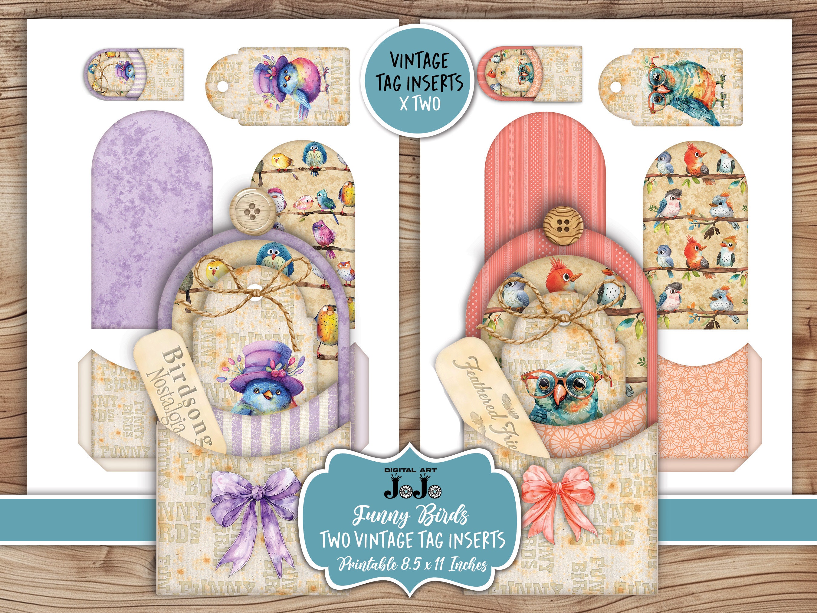 Funny Birds Printable Tag Pockets, Vintage Junk Journal Ephemera Kit ...