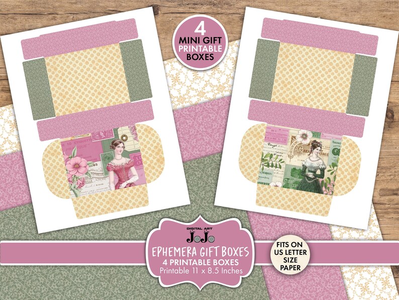 Printable Mini Gift Box, Ephemera Storage Box, Vintage Packaging, Pink ...