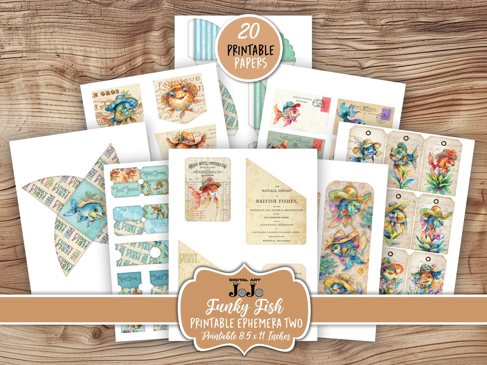 Funky Fish Junk Journal Ephemera Kit, Whimsical Scrapbook Fussy Cuts ...
