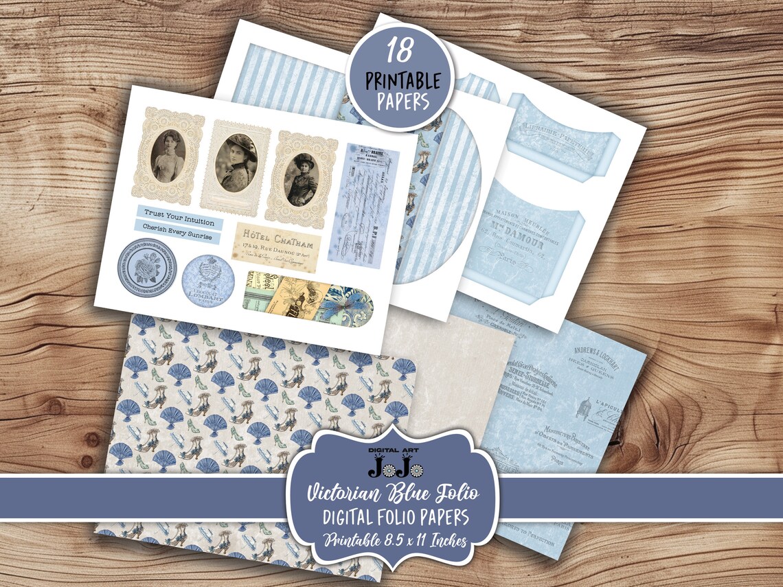 Victorian Junk Journal Folio Printables, Scrapbook Blue Digital Wallet ...