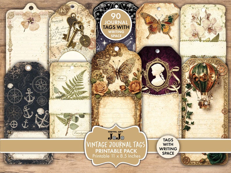 Printable Junk Journal Tags, Vintage Ephemera Tags With Journaling ...
