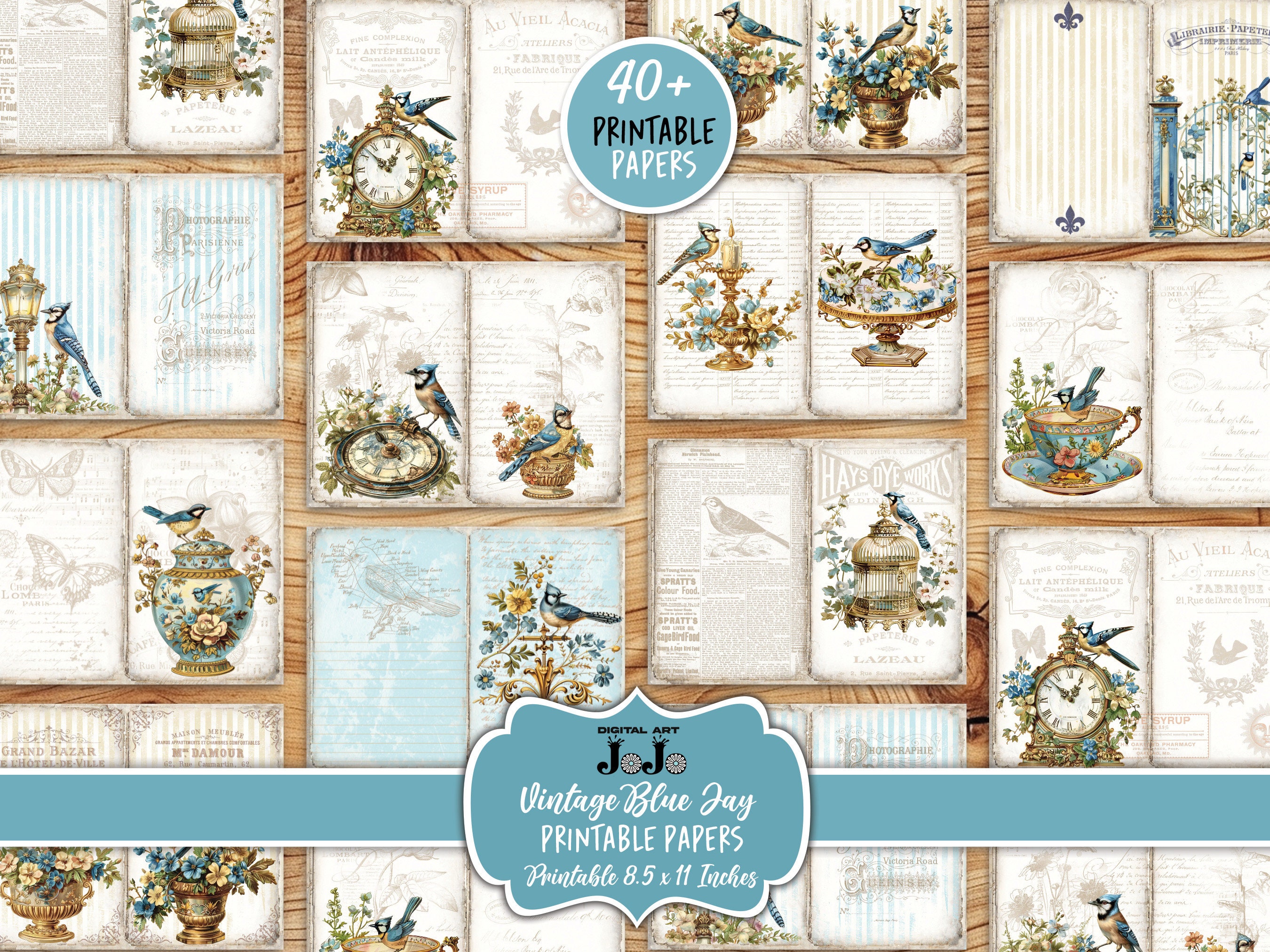 Birds Junk Journal Kit, Digital Nature Papers, Blue Jay Pages, Vintage ...