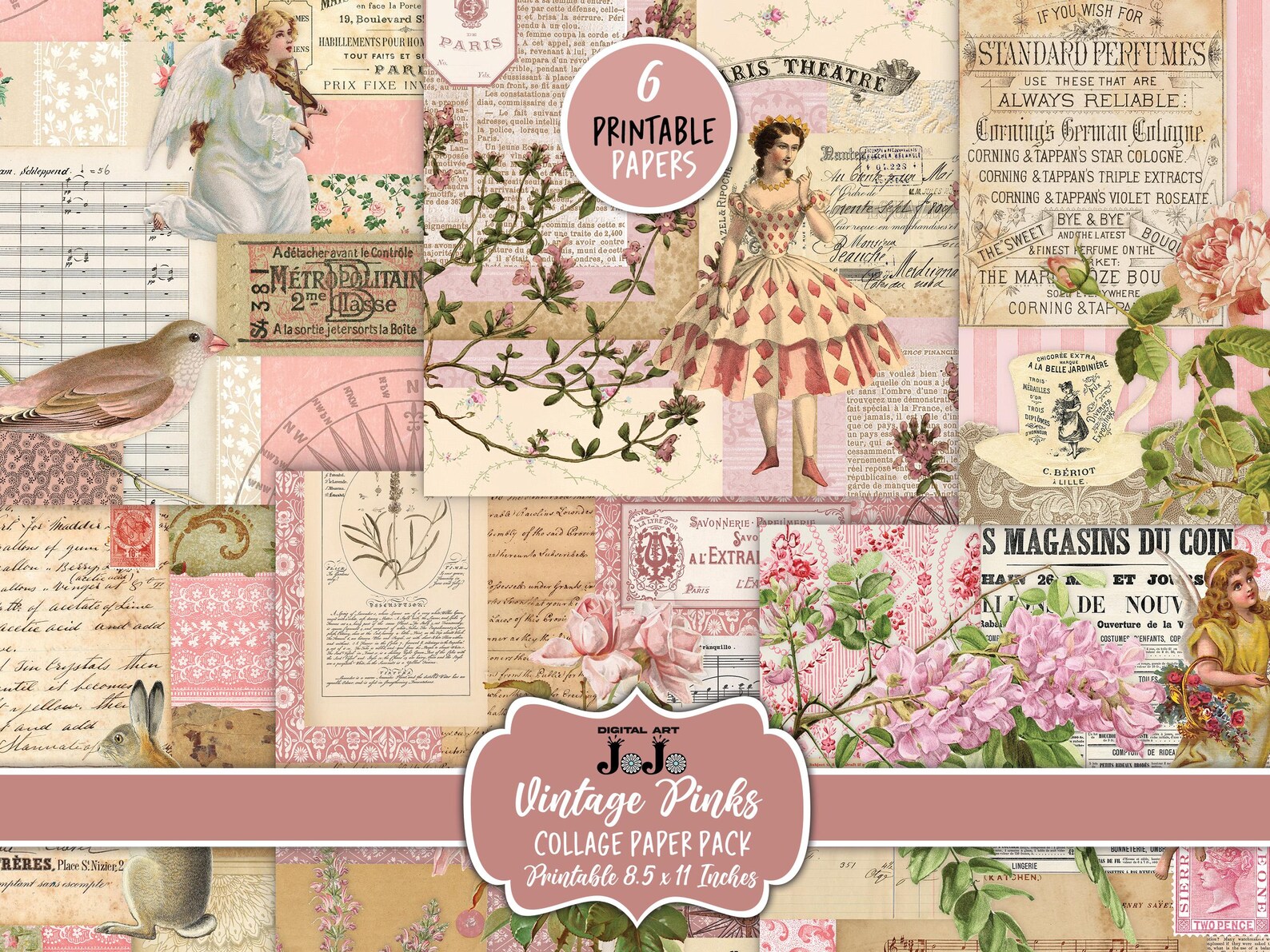 Vintage Pink Collage Kit, Junk Journal, Scrapbooking, Printable Sheets ...