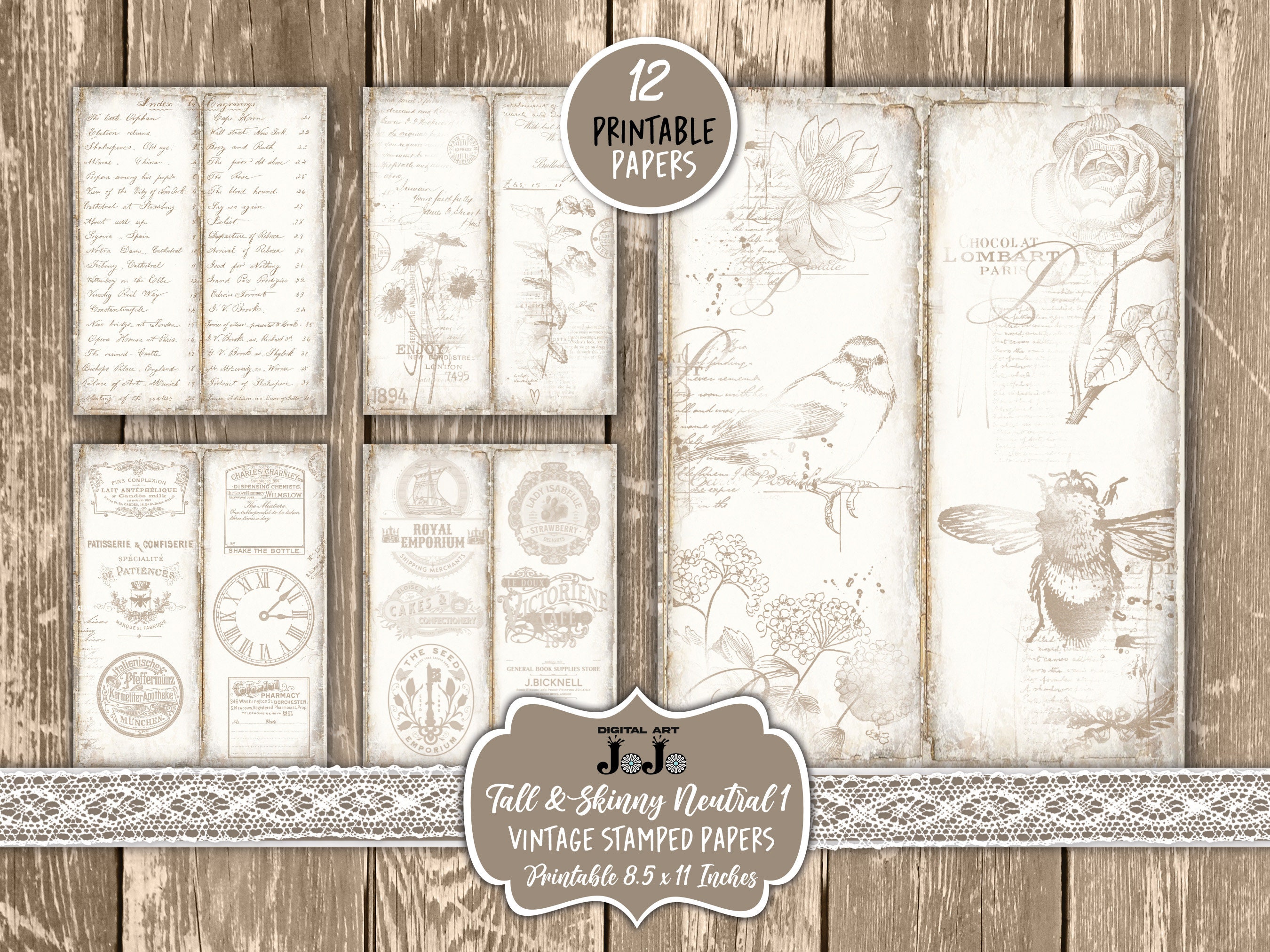 Printable Tall and Skinny Junk Journal Pages Kit, Neutral Stamped ...