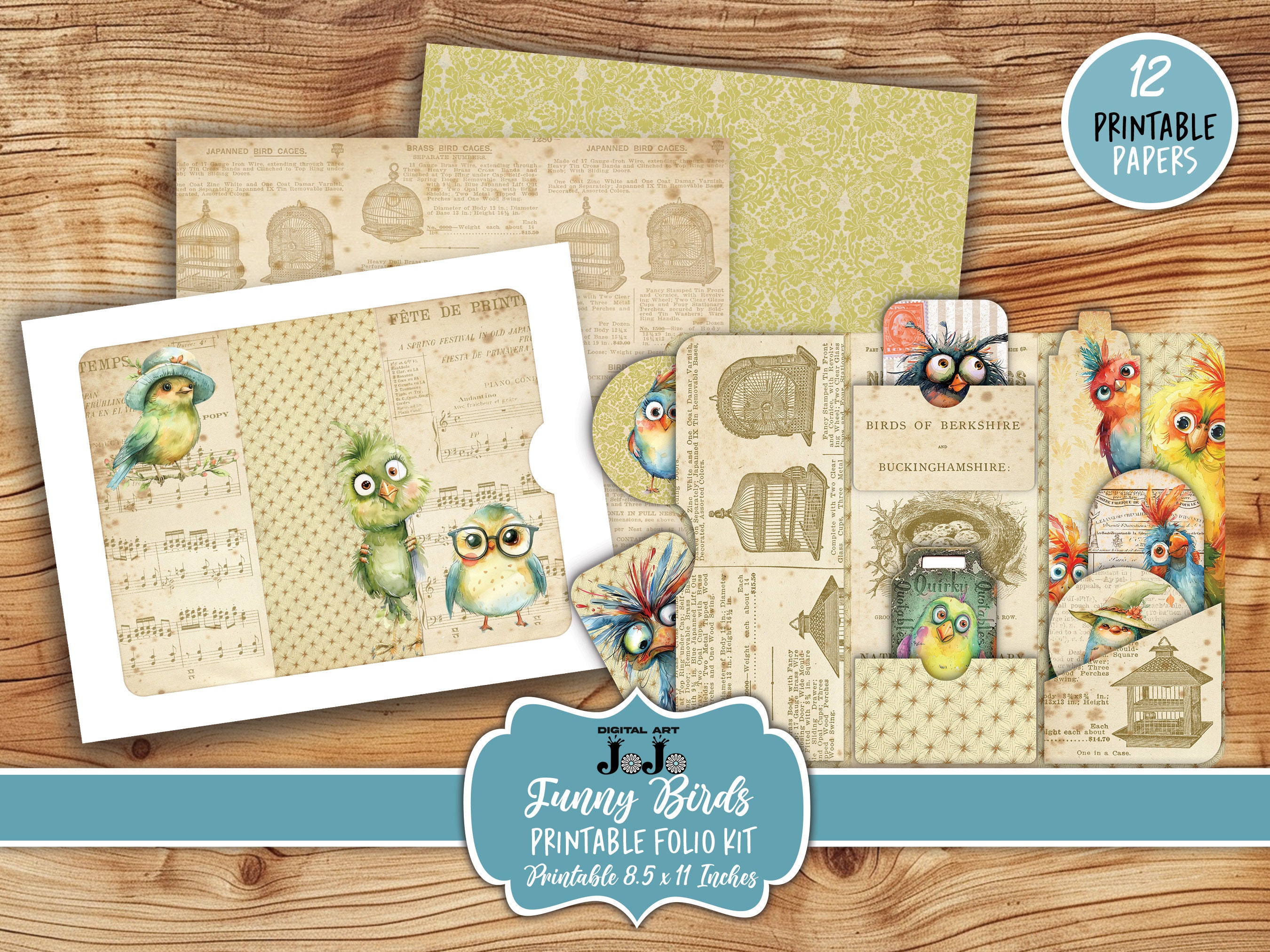 Funny Birds Printable Folio, Junk Journal Ephemera Kit, Whimsical ...