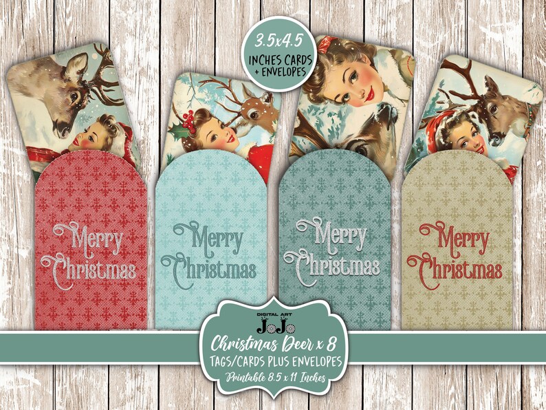 Vintage Christmas Deer, Printable Cards 3.5 X 4.5 Inches, Xmas Tags ...