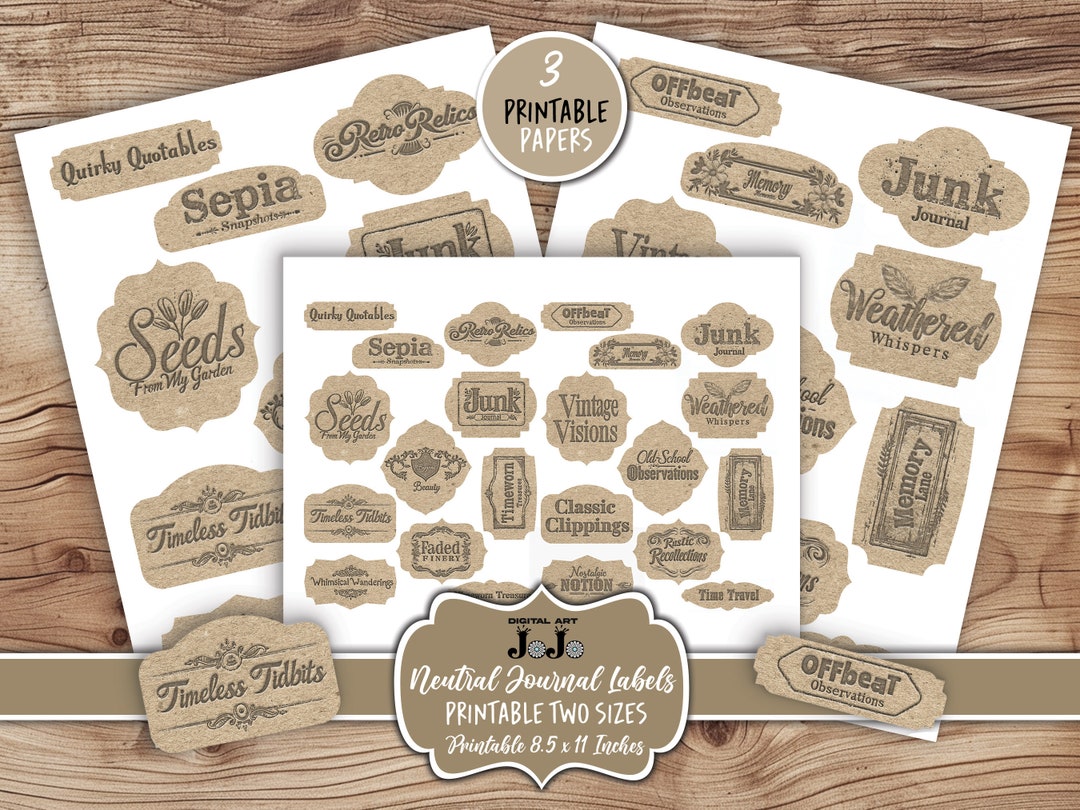 Neutral Junk Journal Printable Labels, 22 Labels in 2 Sizes, Instant ...