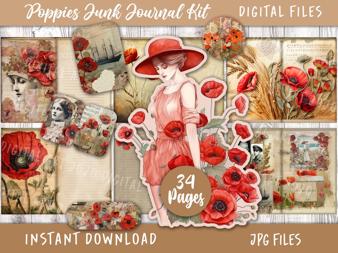 Poppies Junk Journal Craft Kit, Printable Pages, Red Poppy Flowers ...
