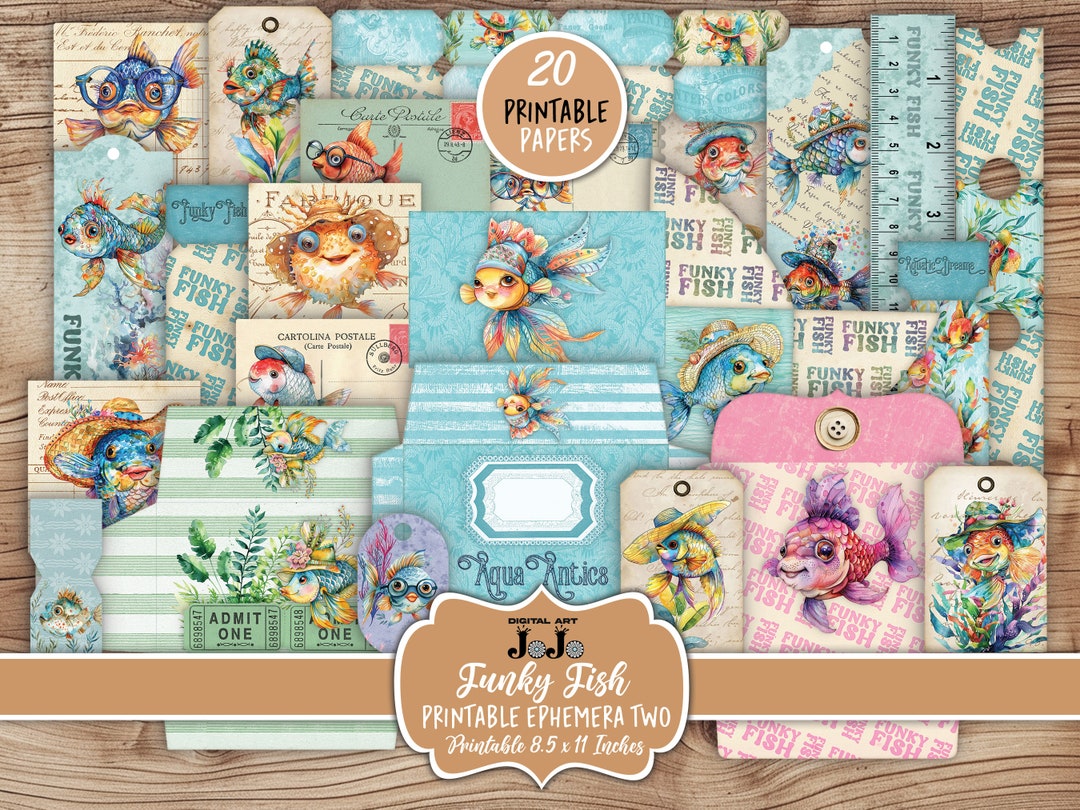 Funky Fish Junk Journal Ephemera Kit, Whimsical Scrapbook Fussy Cuts ...
