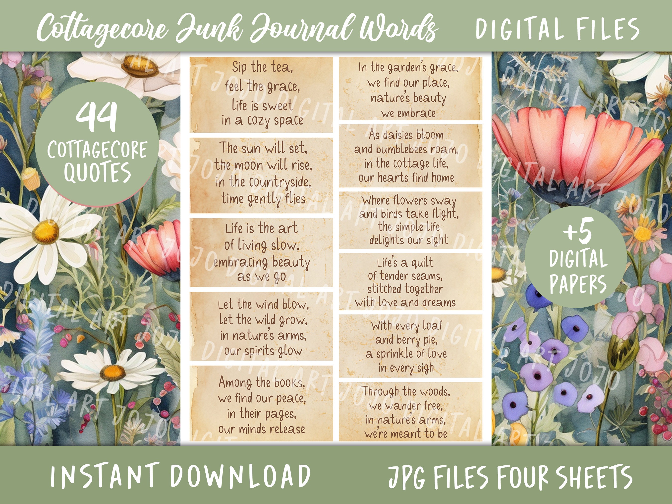 Cottagecore Junk Journal Digital Words, Printable Ephemera Vintage ...