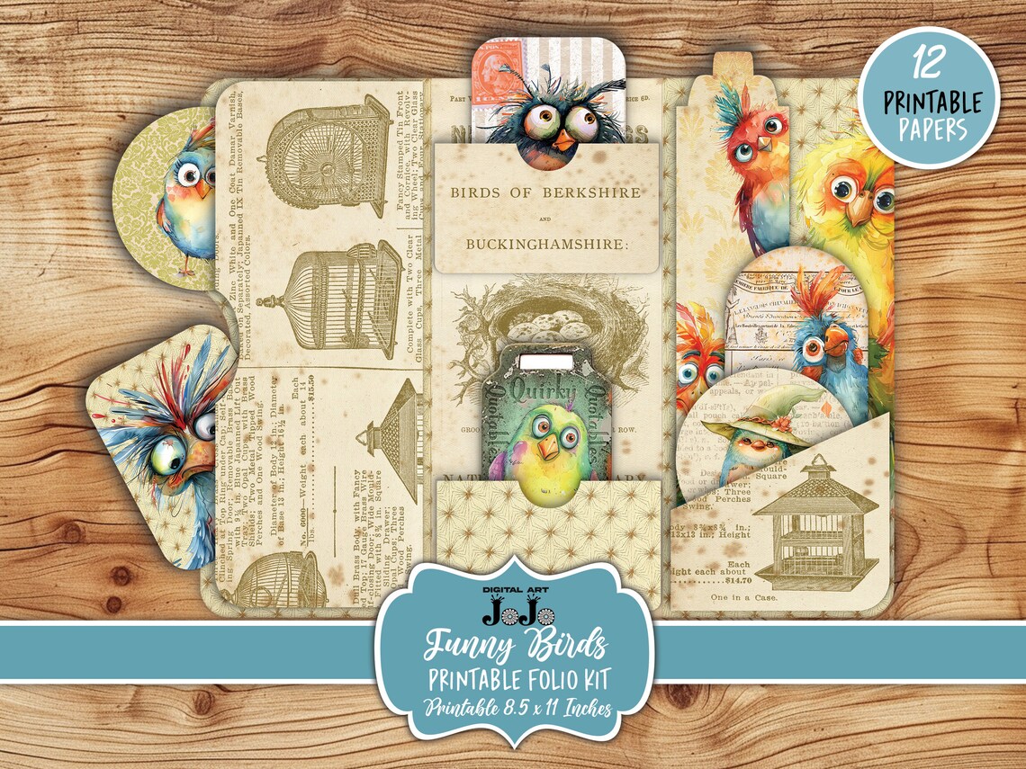 Funny Birds Printable Folio, Junk Journal Ephemera Kit, Whimsical ...