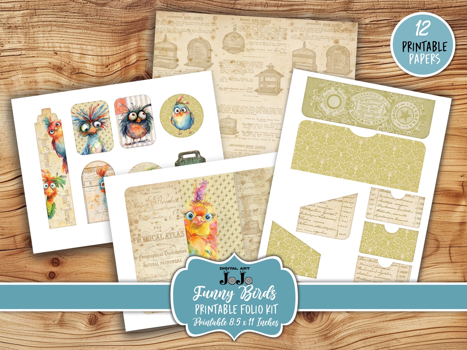Funny Birds Printable Folio, Junk Journal Ephemera Kit, Whimsical ...
