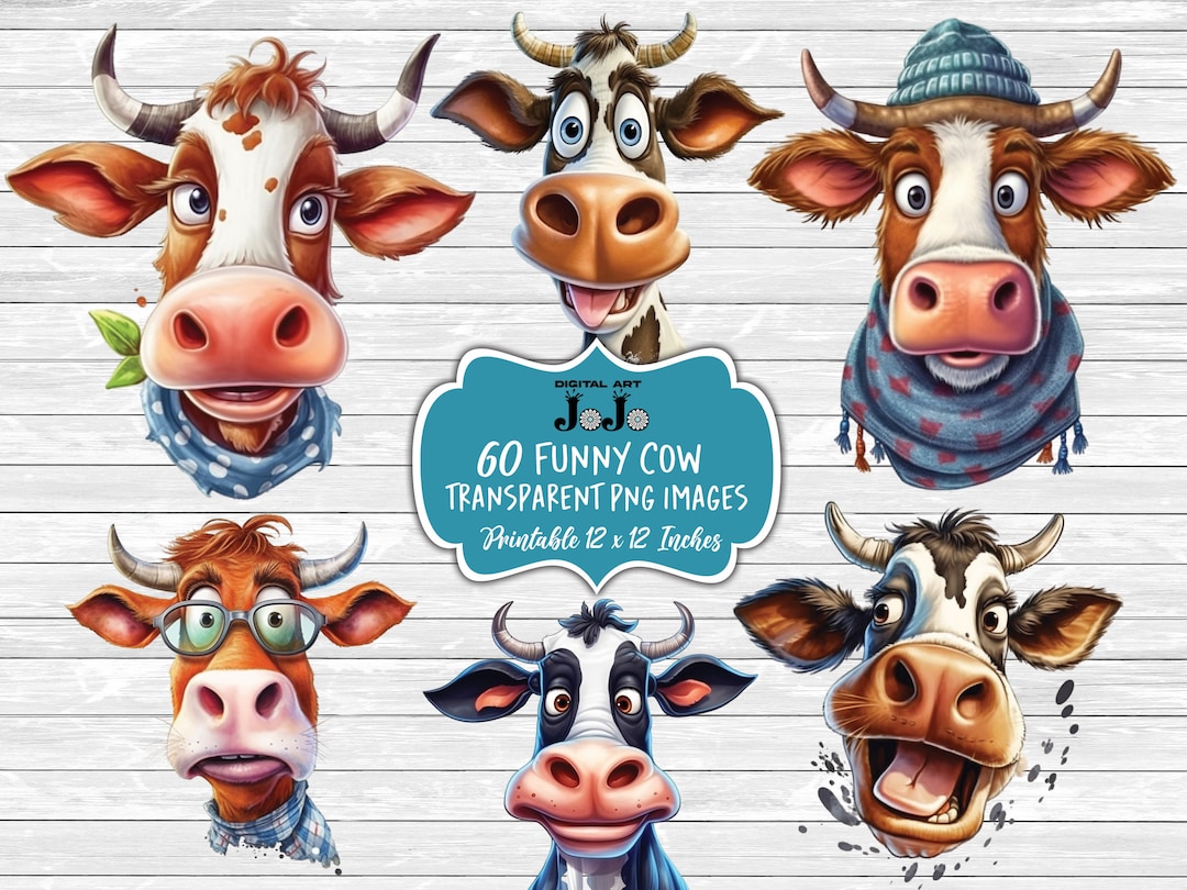 Funny Cow Clipart Bundle, Commercial Use, Hilarious Cow Characters PNG ...