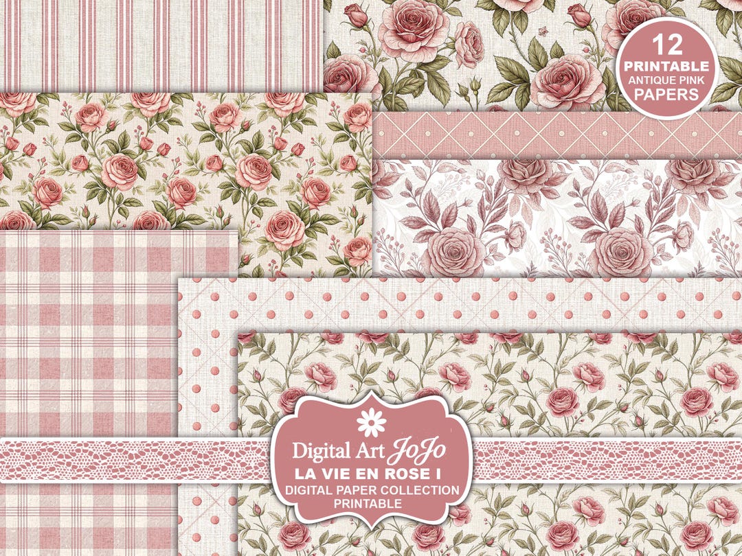 Papel digital floral rosa vintage, estampas La Vie En Rose Toile, kit ...