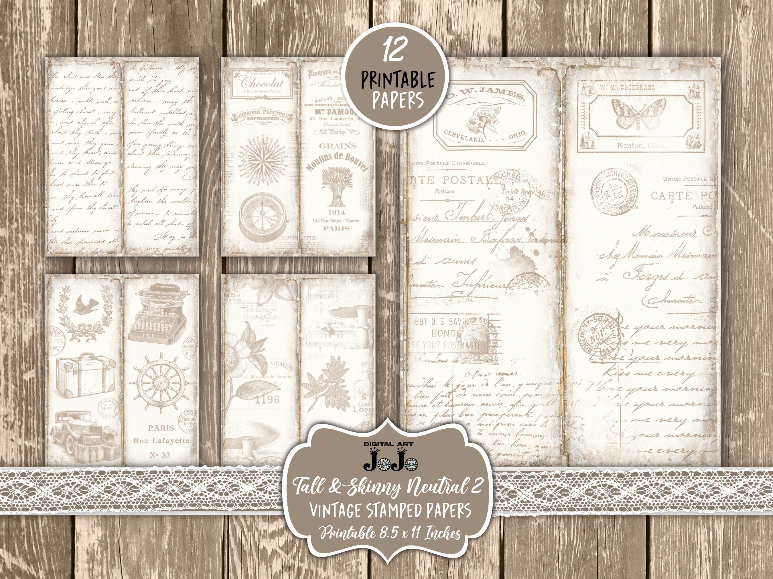 Printable Tall and Skinny Junk Journal Pages Kit, Neutral Stamped ...