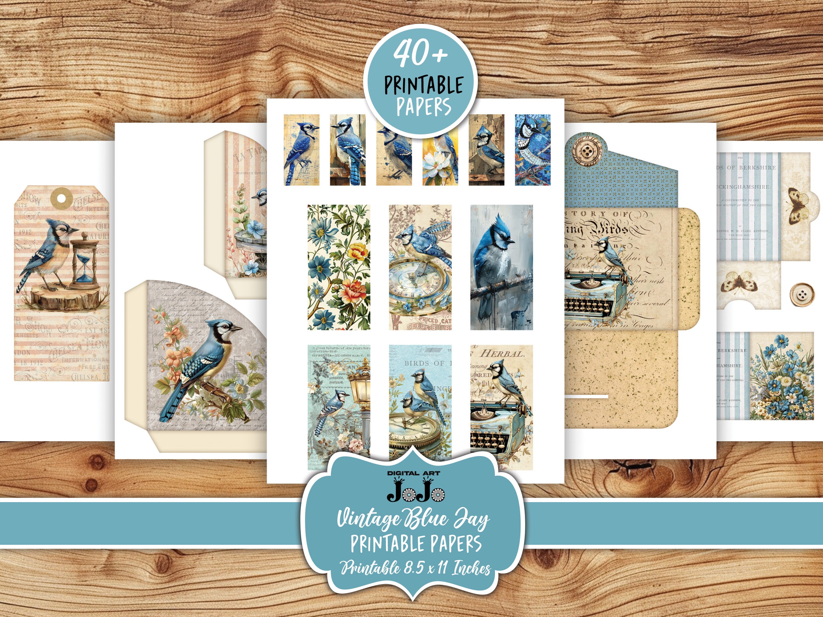 Birds Junk Journal Kit, Digital Nature Papers, Blue Jay Pages, Vintage ...