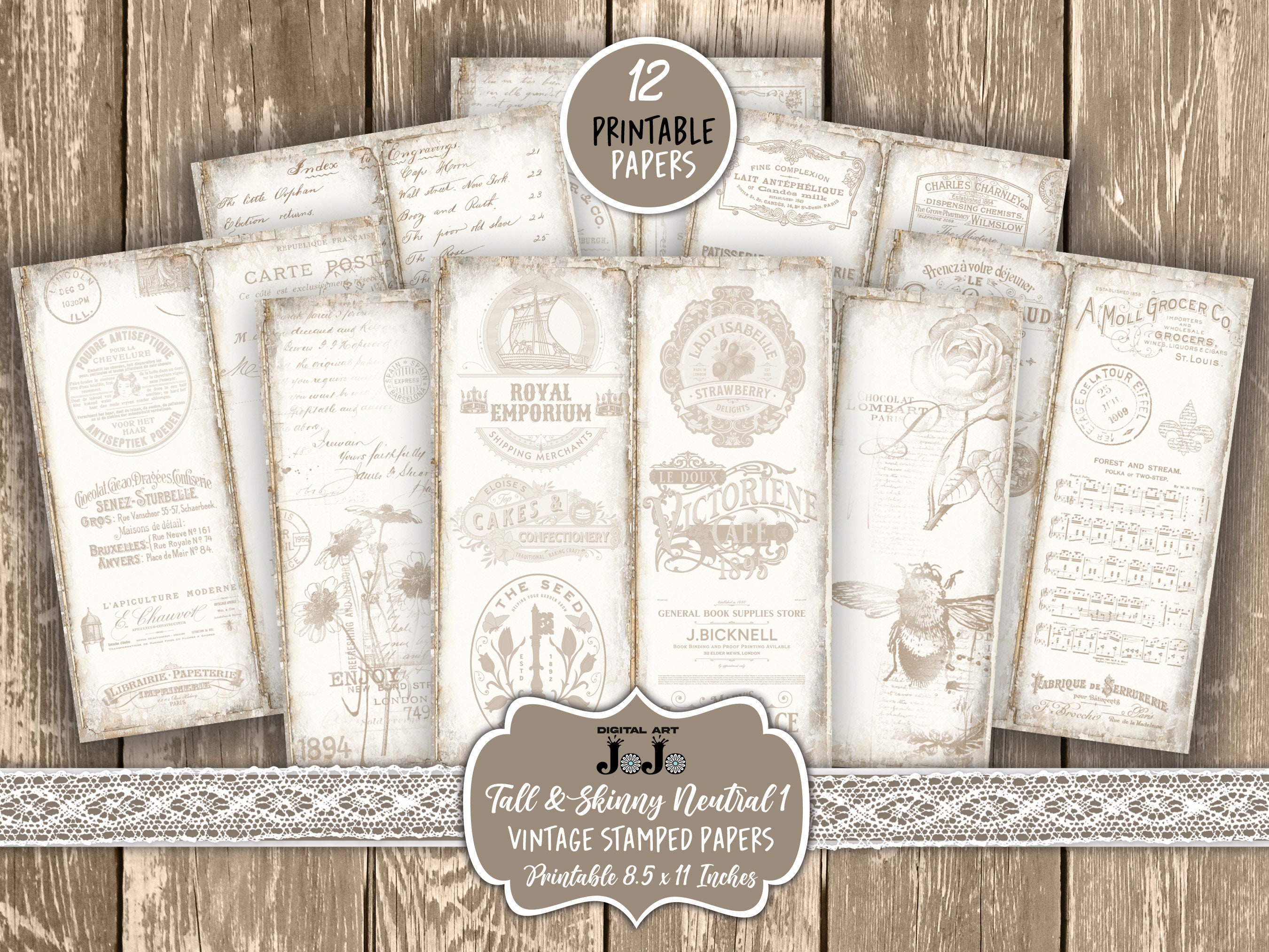 Printable Tall and Skinny Junk Journal Pages Kit, Neutral Stamped ...