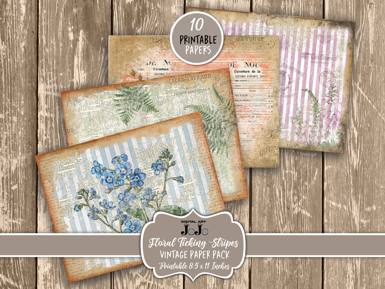 Shabby Ticking Stripes Papers, Printable Junk Journal Ephemera, Chic ...