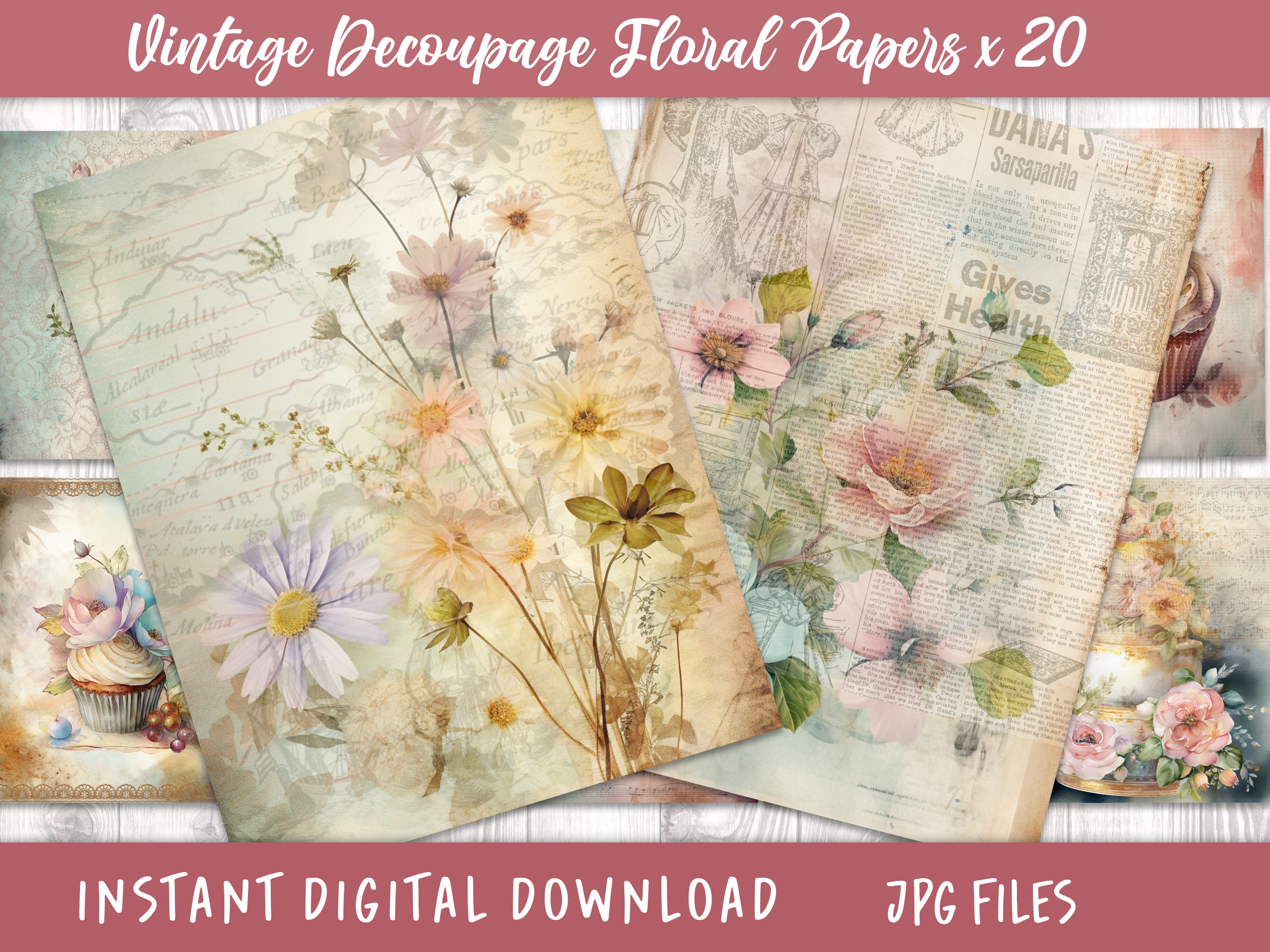 Vintage Floral Decoupage Papers, Junk Journal Supplies, Scrapbook Paper ...