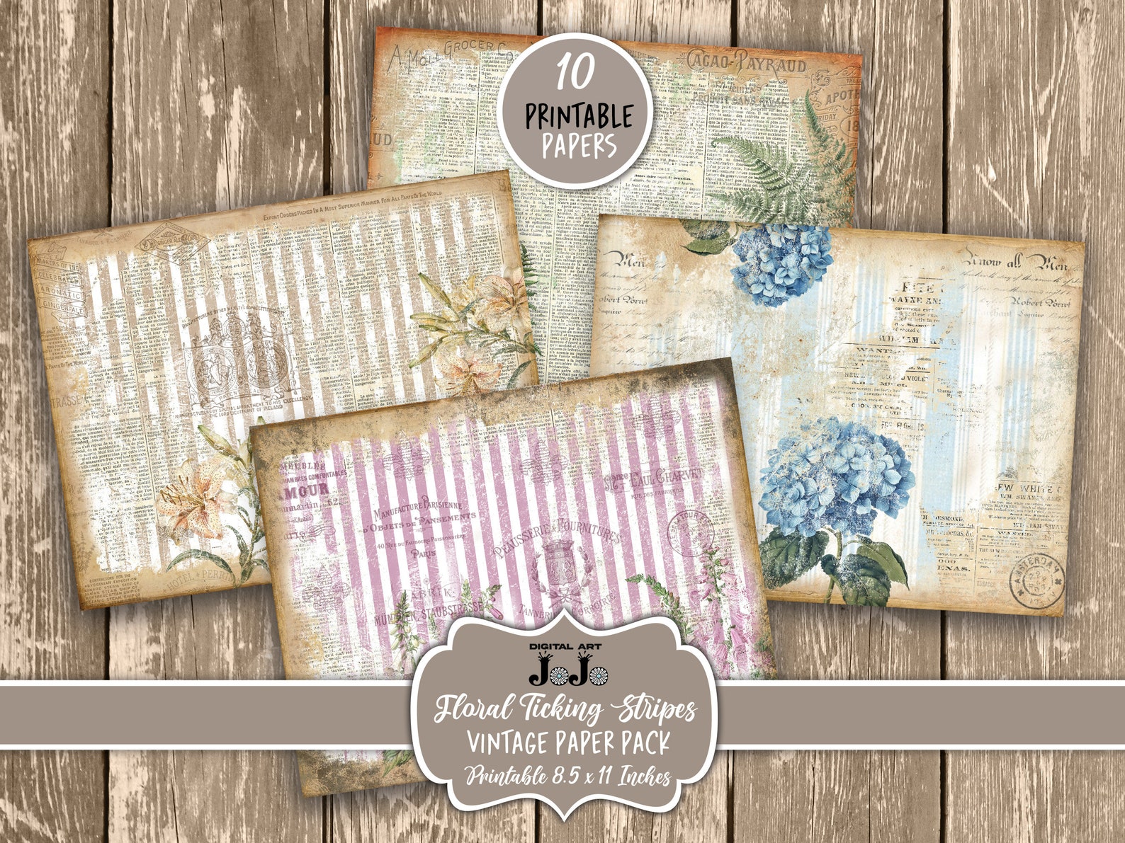 Shabby Ticking Stripes Papers, Printable Junk Journal Ephemera, Chic ...