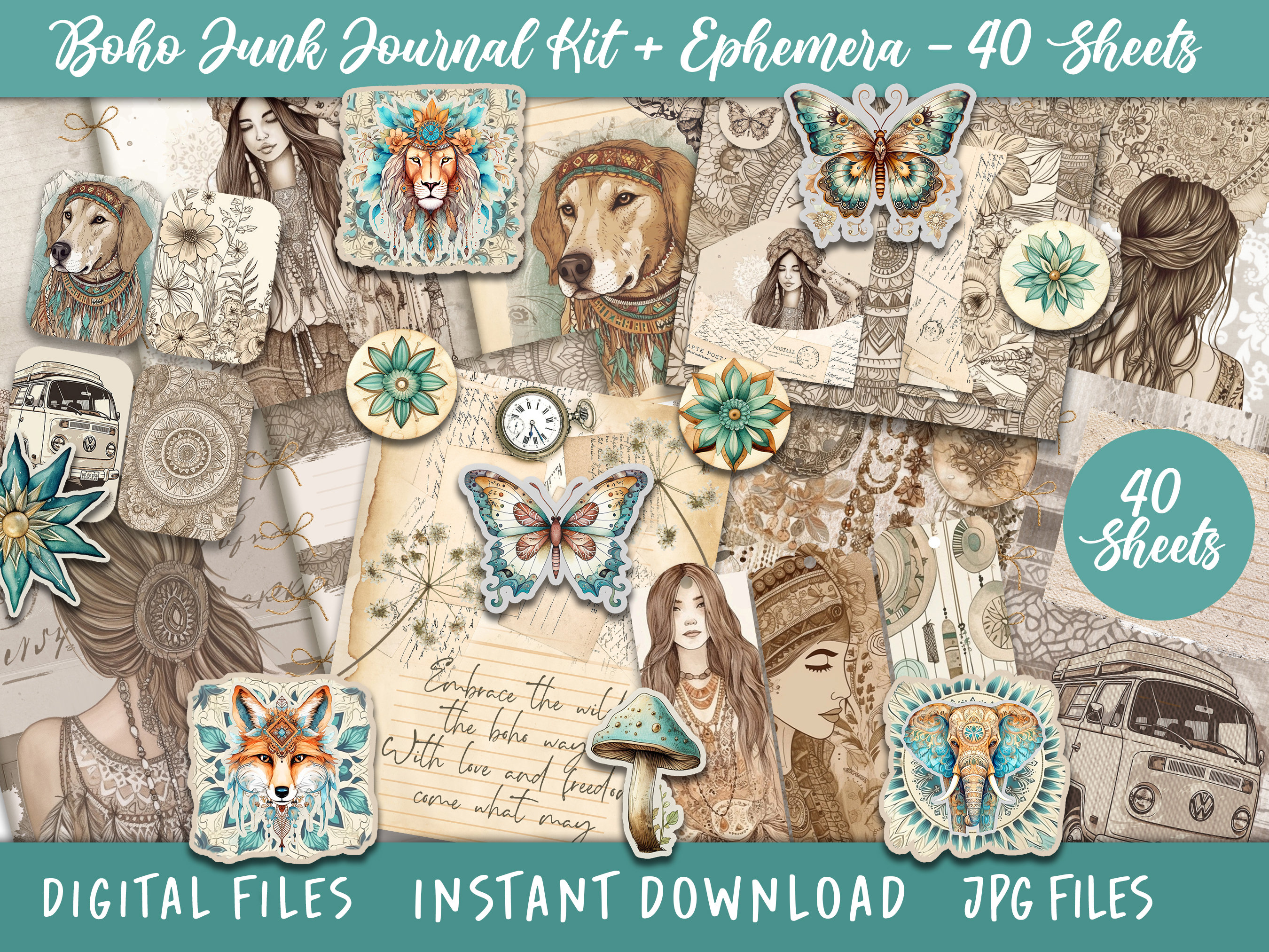 Boho Junk Journal Kits Digital Download Bohemian Printable Papers ...