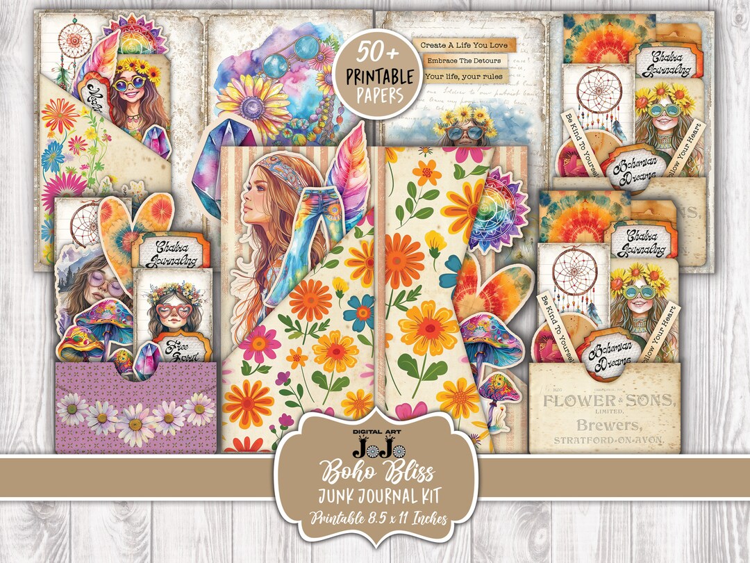 Hippie Junk Journal Kit, Boho Scrapbooking Pages, Printable Bohemian ...