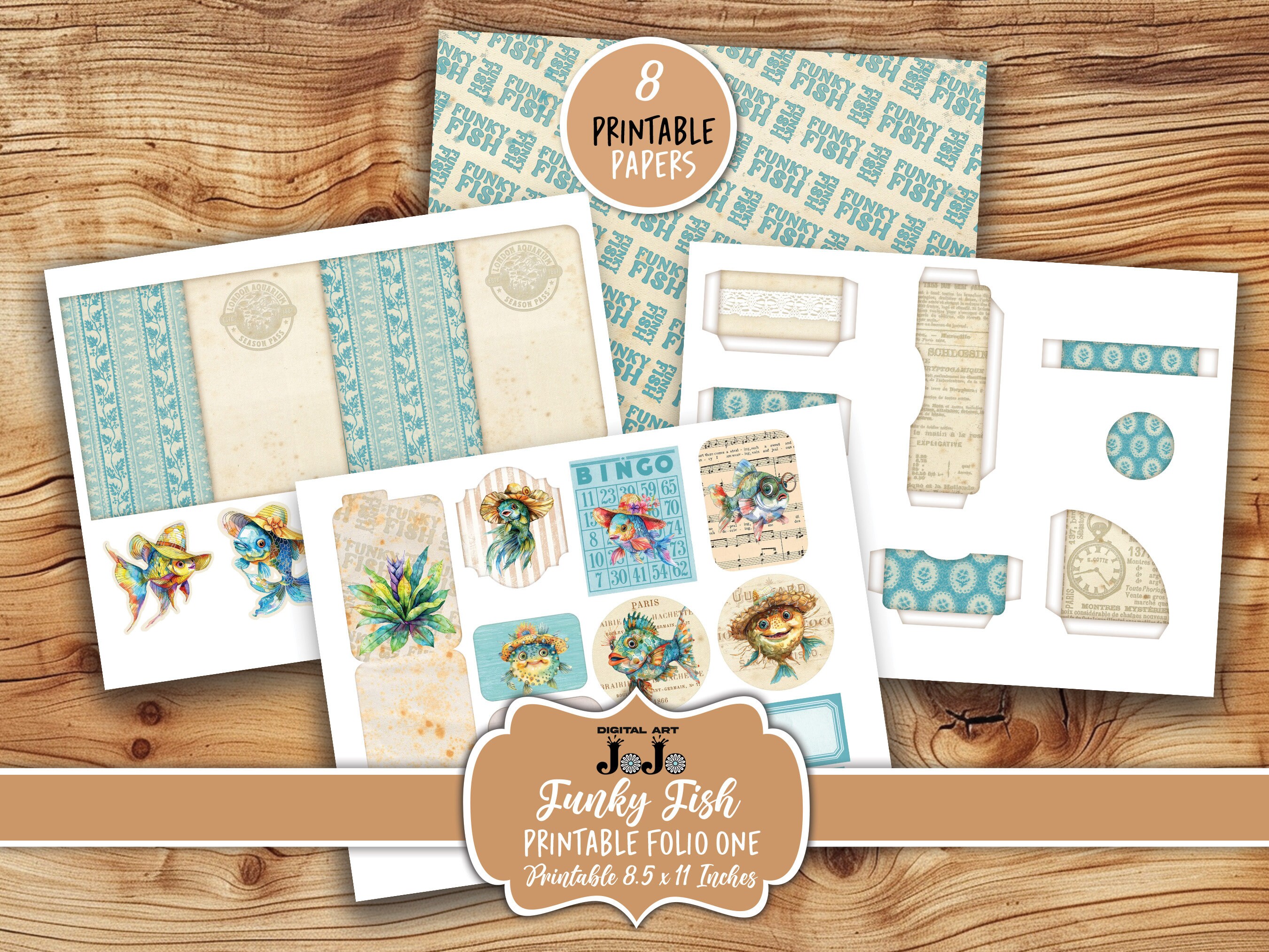 Funky Fish Printable Folio, Junk Journal Ephemera Kit, Whimsical ...