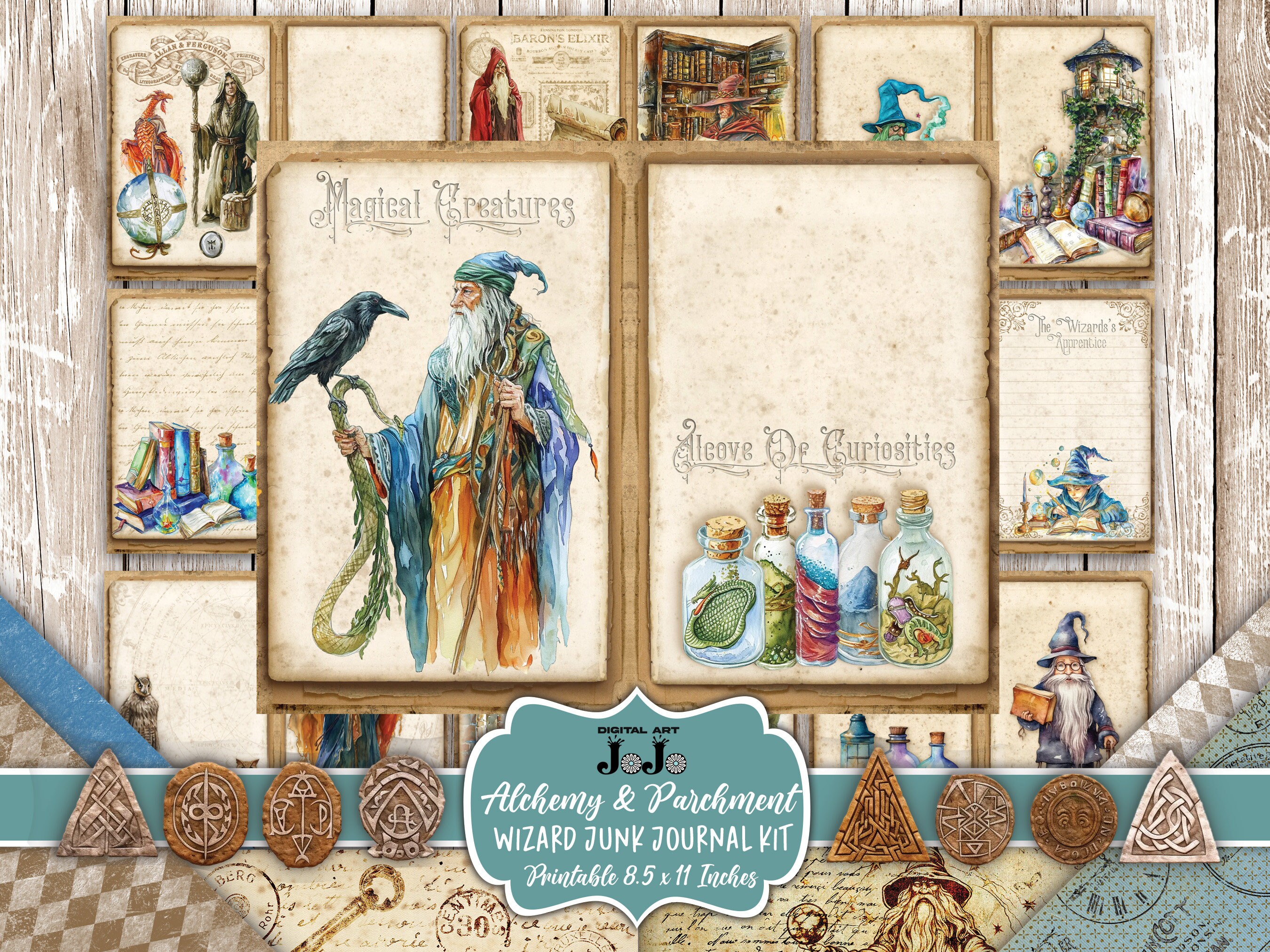 Wizard Junk Journal Kit, Printable Academia Pages, Scrapbook Paper Set ...