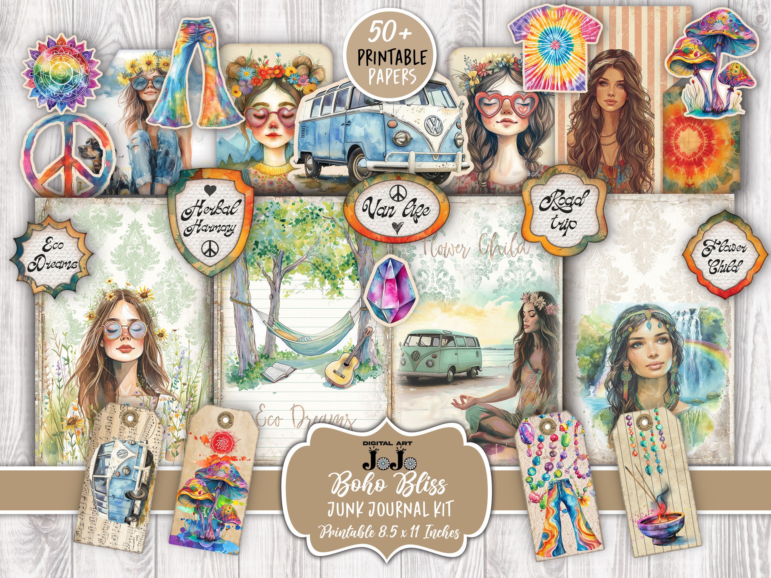 Hippie Junk Journal Kit, Boho Scrapbooking Pages, Printable Bohemian ...