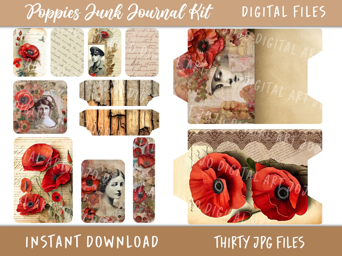 Poppies Junk Journal Craft Kit Printable Pages Red Poppy - Etsy