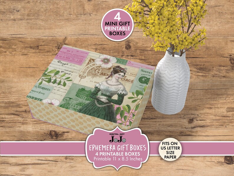 Printable Mini Gift Box, Ephemera Storage Box, Vintage Packaging, Pink ...