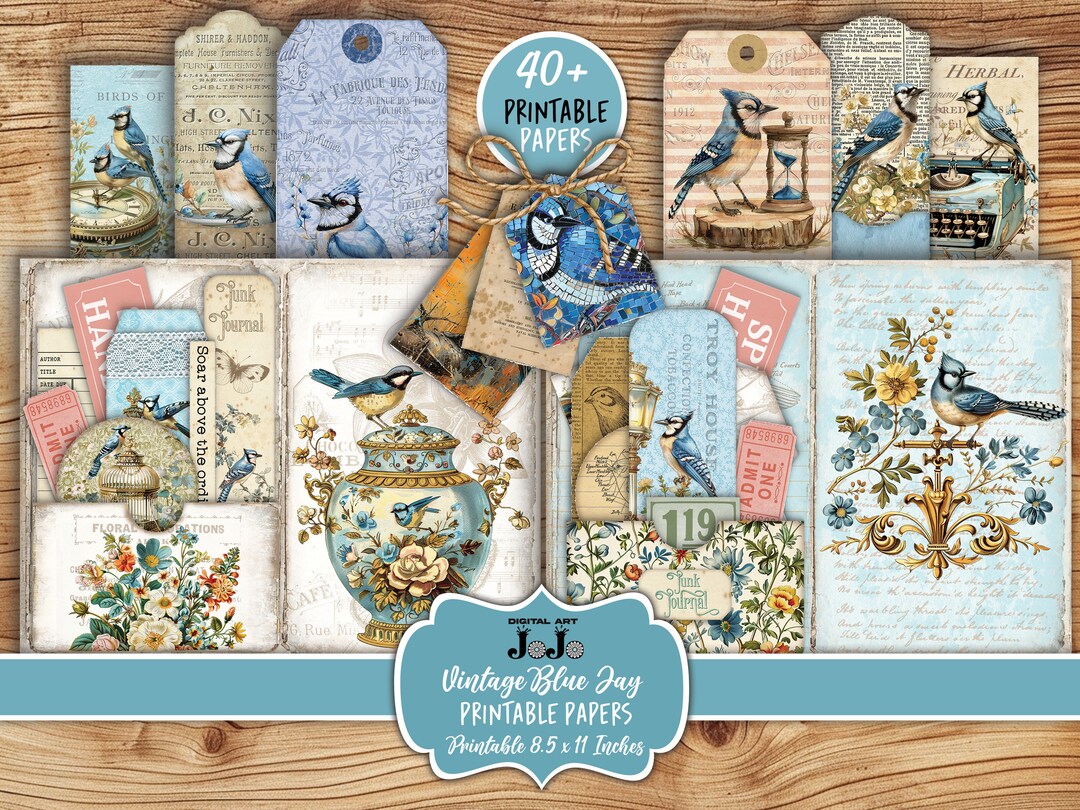 Birds Junk Journal Kit, Digital Nature Papers, Blue Jay Pages, Vintage ...