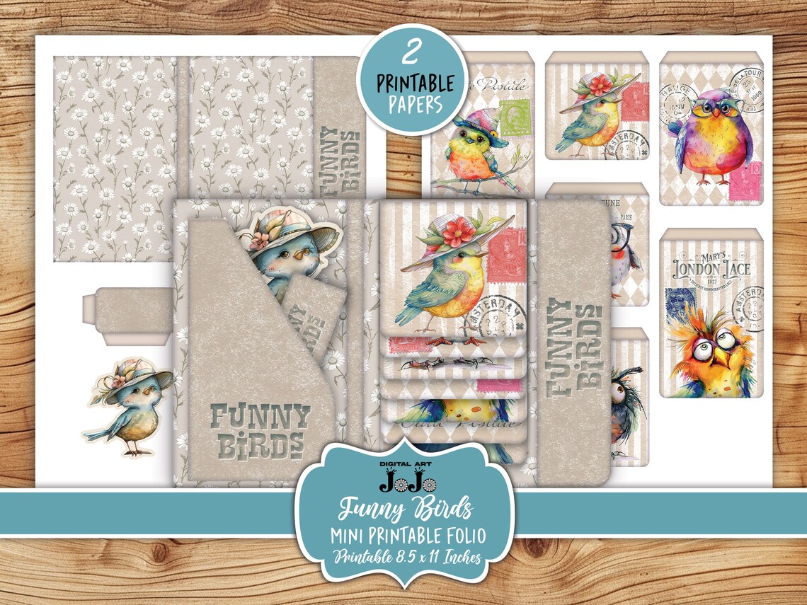 Funny Birds Printable Folio, Junk Journal Ephemera Kit, Whimsical ...