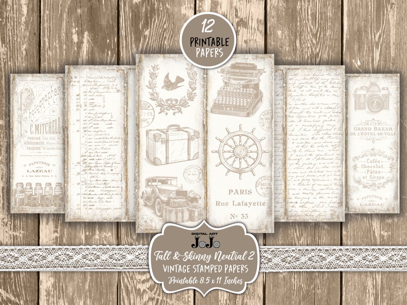Printable Tall and Skinny Junk Journal Pages Kit, Neutral Stamped ...