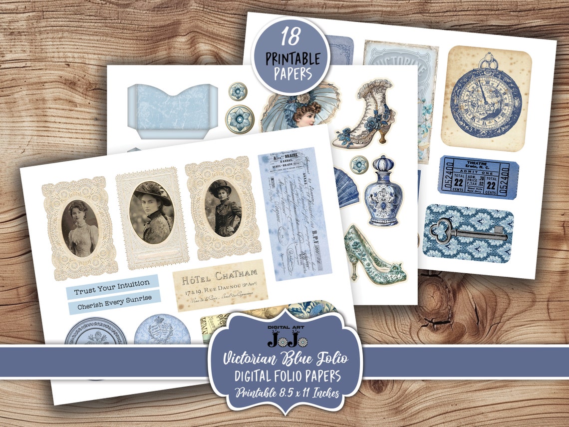 Victorian Junk Journal Folio Printables, Scrapbook Blue Digital Wallet ...