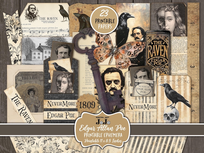 Edgar Allan Poe Ephemera, Junk Journal Embellishment Kit, Printable ...