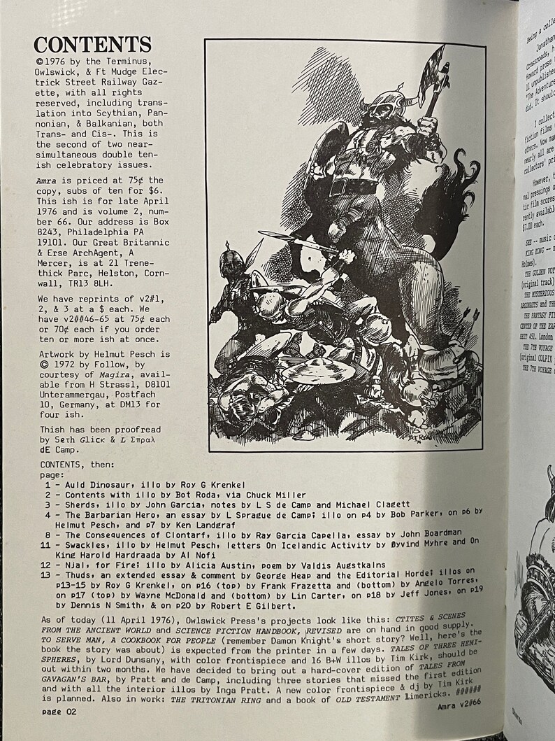 Amra 1976 V2n66 Fantasy Fanzine Conan Roy Krenkel Lin Carter Frank ...