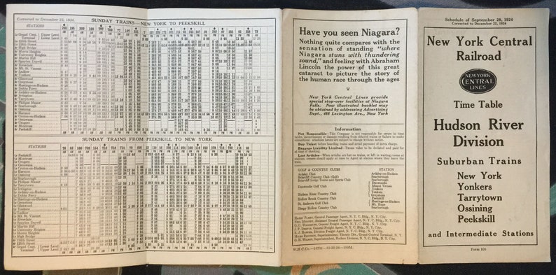 Vintage New York Central Railroad Time Table 1924 Hudson River Division ...