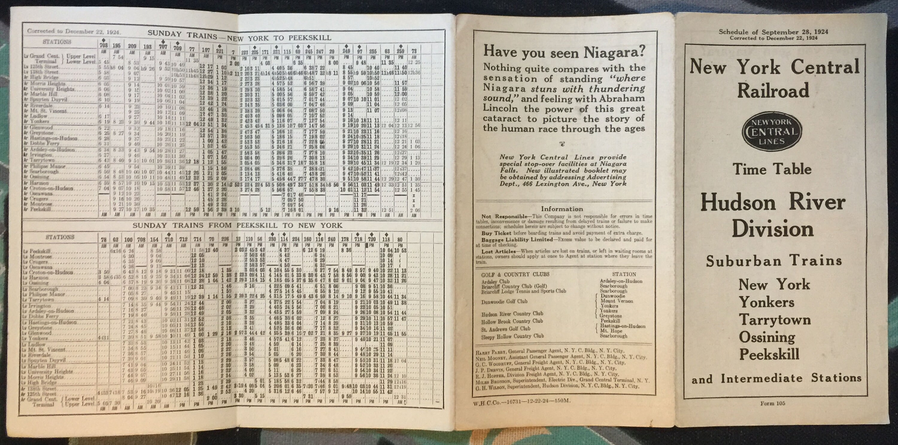 Vintage New York Central Railroad Time Table 1924 Hudson River Division ...