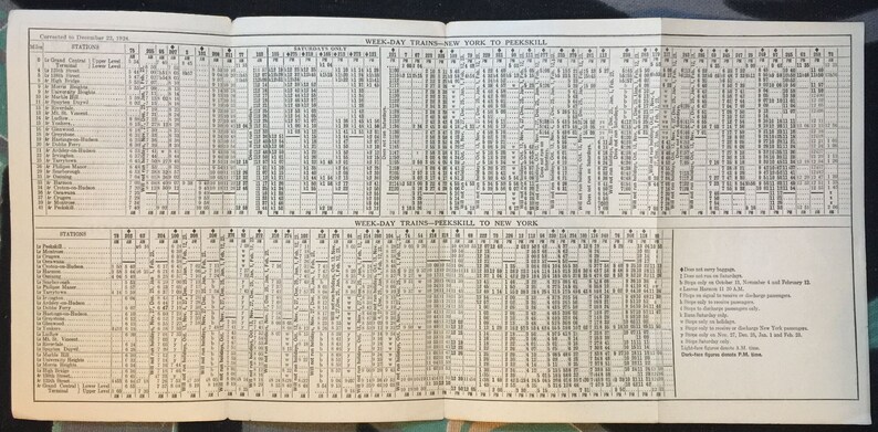 Vintage New York Central Railroad Time Table 1924 Hudson River Division ...