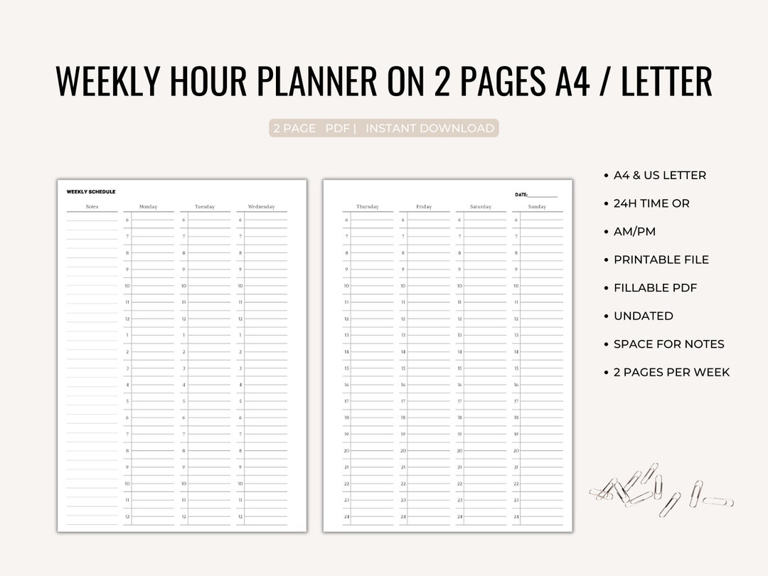Undated Weekly Hour Planner on 2 Pages A4 / Letter, 24H or AM/PM ...