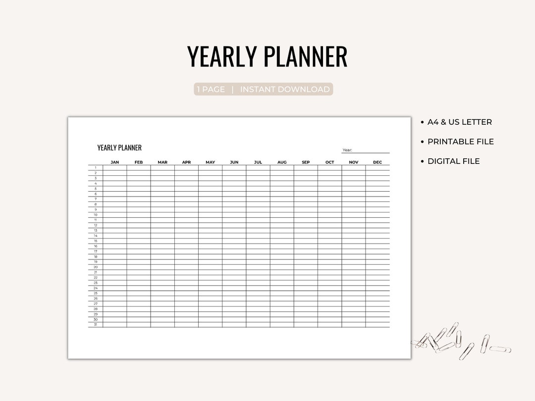 Yearly Planner Printable, Editable PDF Template, Year at a Glance ...