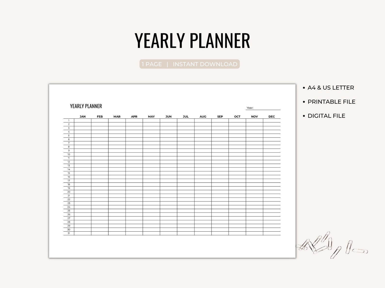 Yearly Planner Printable, Editable PDF Template, Year at a Glance ...